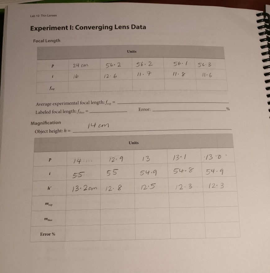 Lab 12: Thin Lenses Experiment l: Converging Lens | Chegg.com