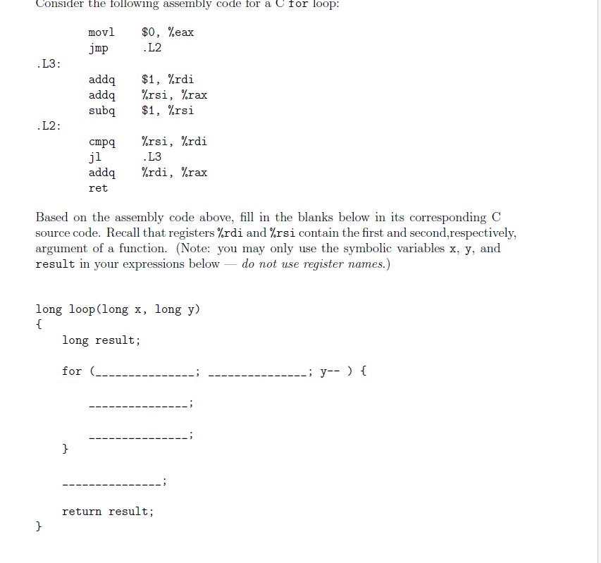 Solved Consider the following assembly code for a C Ior | Chegg.com