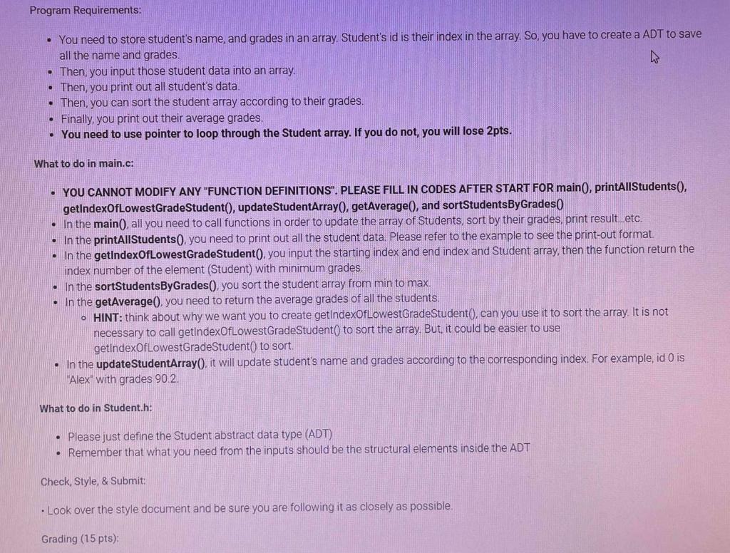 Solved - You need to store student's name, and grades in an | Chegg.com