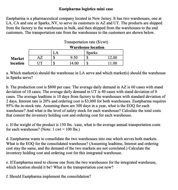 Solved Eastpharma logistics mini case Eastpharma is a | Chegg.com