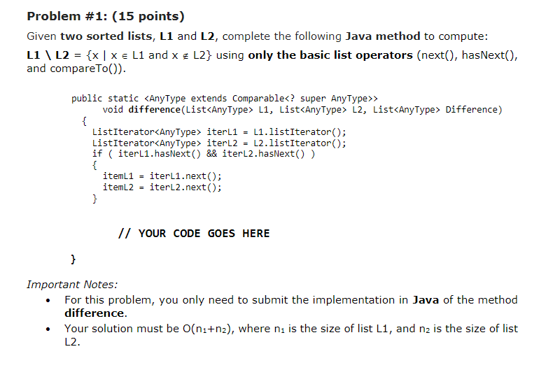 Solved Problem #1: (15 points) Given two sorted lists, L1 | Chegg.com