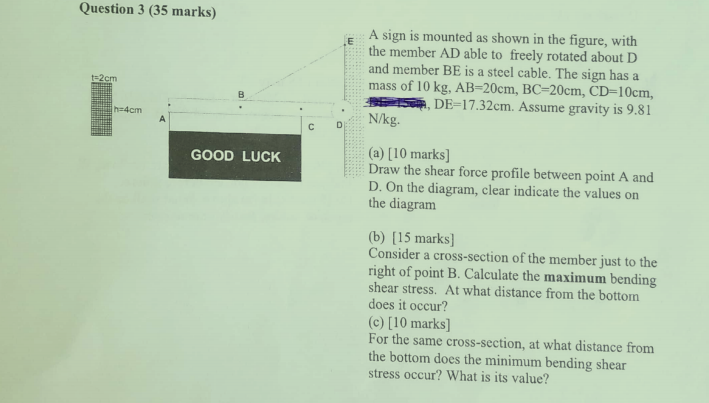Solved Question 3 (35 marks) t=2cm A sign is mounted as | Chegg.com