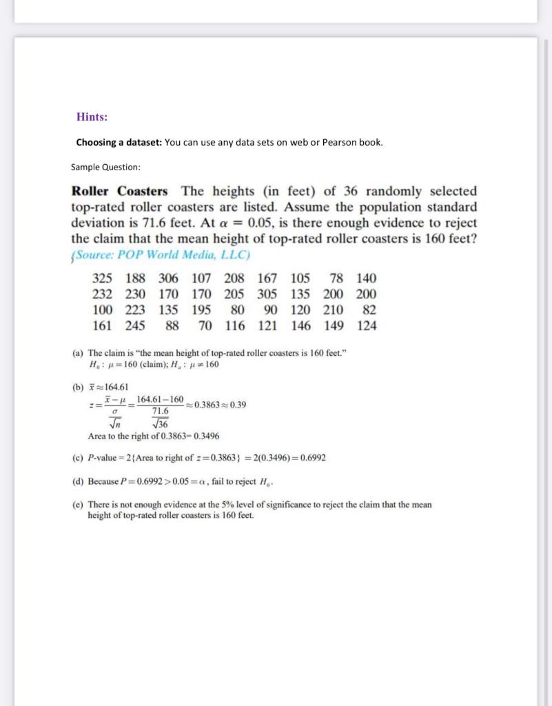 Solved Hints: Choosing a dataset: You can use any data sets | Chegg.com