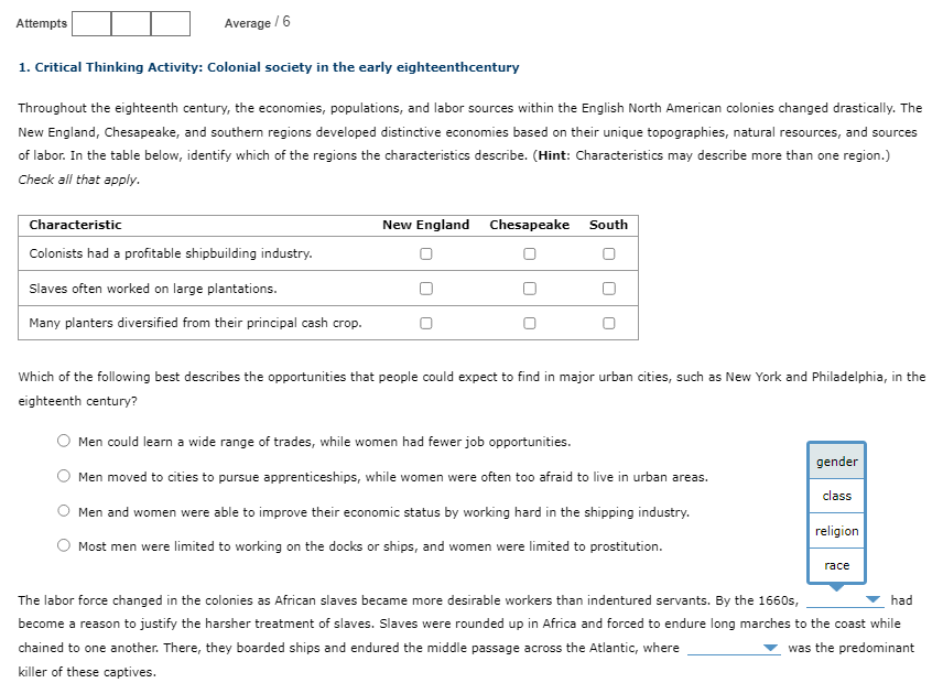 1. Critical Thinking Activity: Colonial society in | Chegg.com