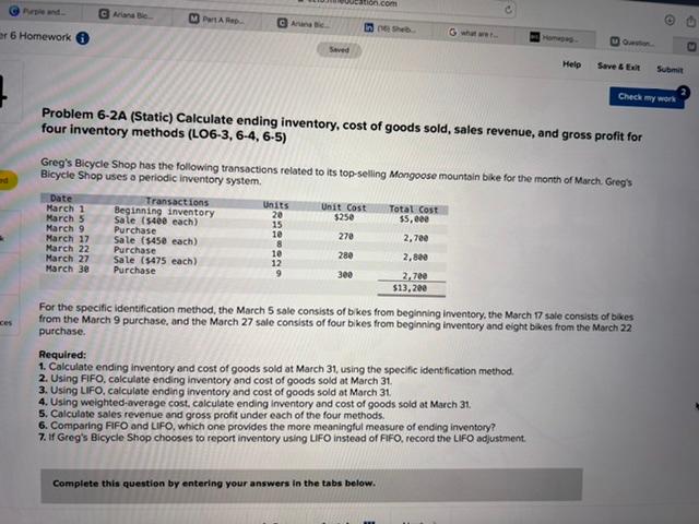 Solved Problem 6-2A (Static) Calculate ending inventory, | Chegg.com