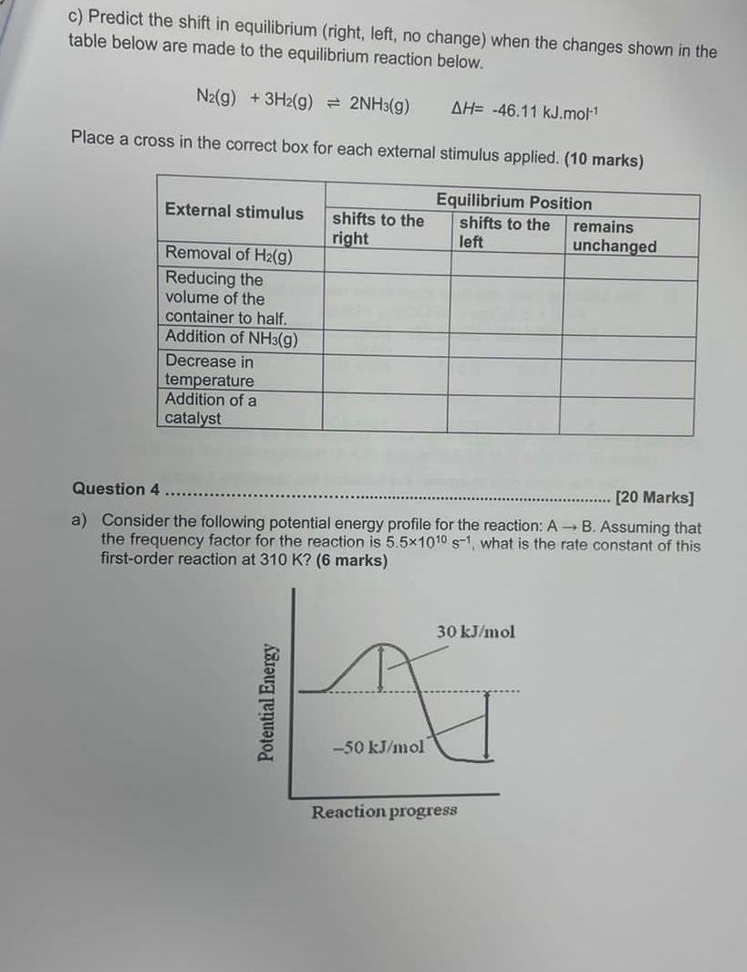 Solved c) Predict the shift in equilibrium (right, left, no | Chegg.com