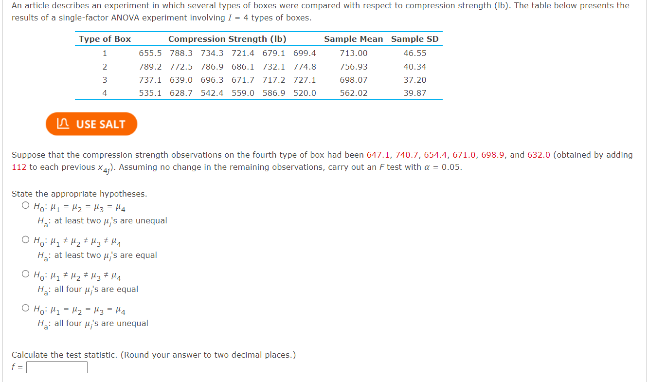 Solved results of a single-factor ANOVA experiment involving | Chegg.com