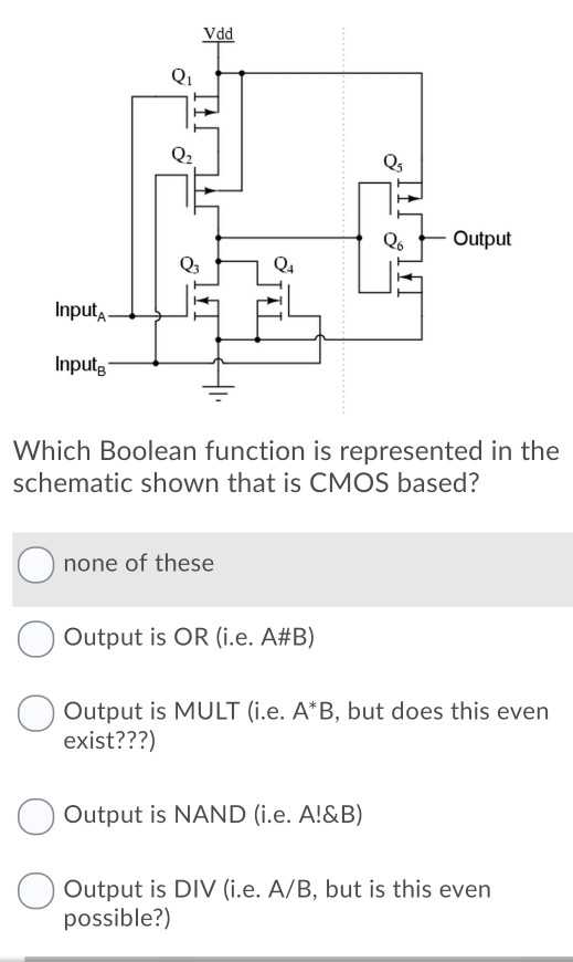 Solved Vdd Q1 Output InputA Inputg Which Boolean function is | Chegg.com