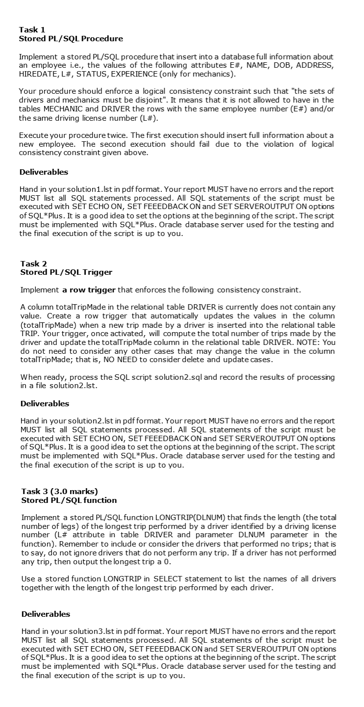 Task 1 Stored PL/SQL Procedure Implement a stored | Chegg.com