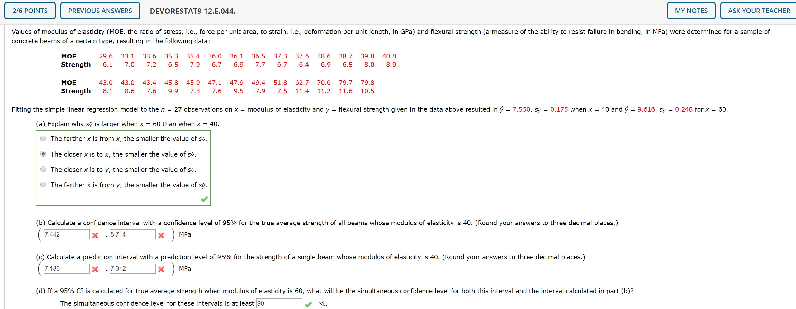 Solved 2/6 POINTS PREVIOUS ANSWERS DEVORESTAT9 12.E.044. MY | Chegg.com