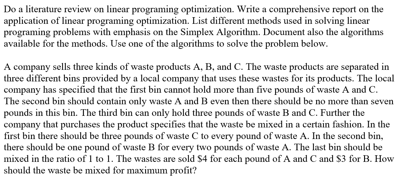 Do a literature review on linear programing | Chegg.com