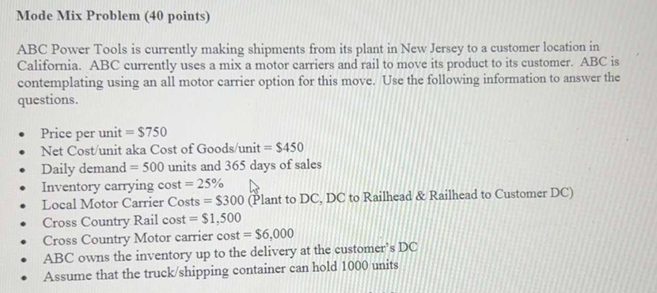 Solved This is a mode mix problem about fulfillment | Chegg.com