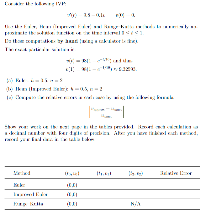 Solved Consider the following IVP: v′(t)=9.8−0.1vv(0)=0. Use | Chegg.com