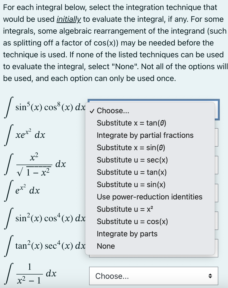 Solved For each integral below, select the integration | Chegg.com