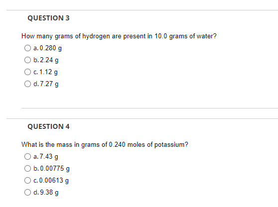 Solved How many grams of hydrogen are present in 10.0 grams | Chegg.com