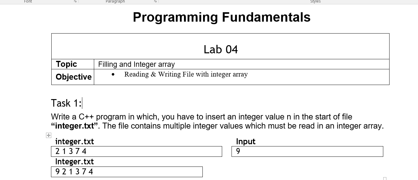 Solved Font Paragraph Styles Programming Fundamentals Lab 04 | Chegg.com