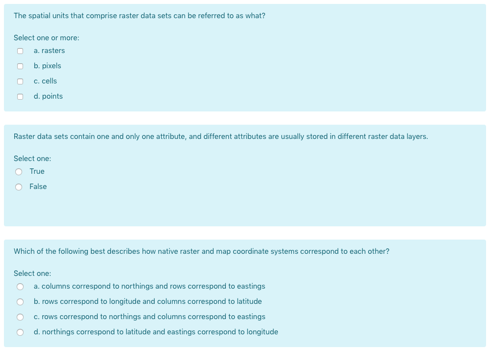 Solved The spatial units that comprise raster data sets can | Chegg.com
