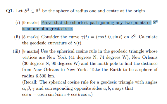 Solved Q1. Let S2⊂R3 be the sphere of radius one and centre | Chegg.com