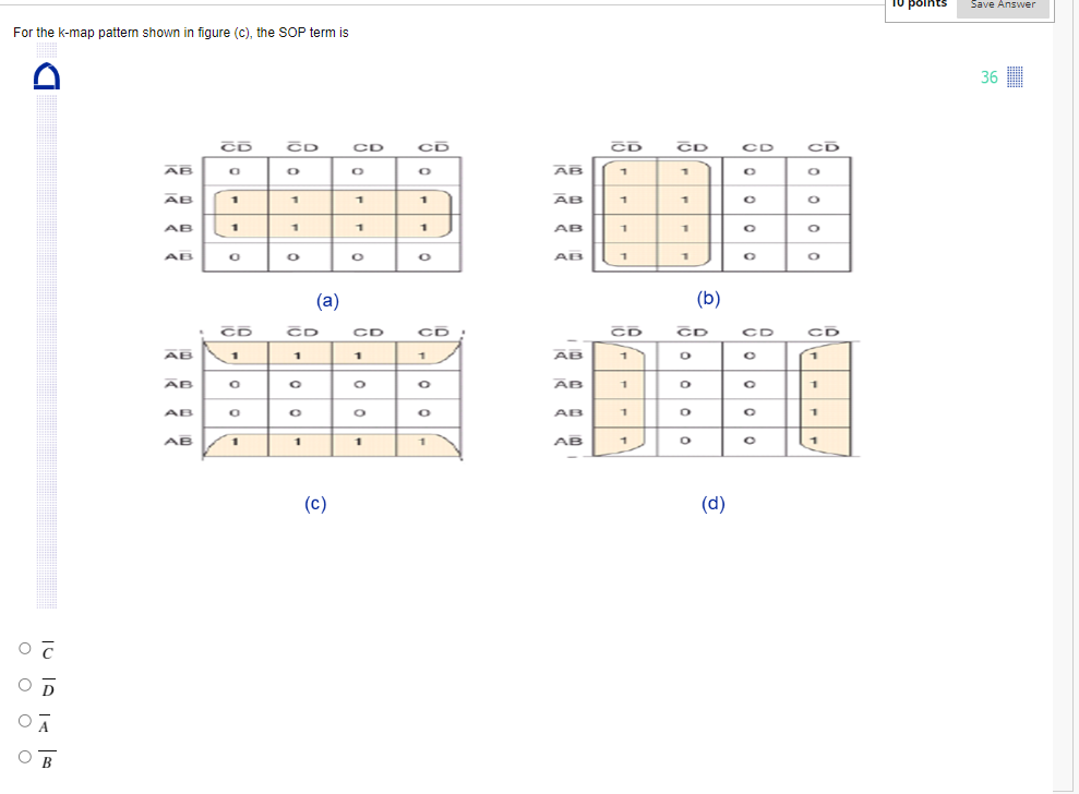Solved For the k-map pattern shown in figure (c), the SOP | Chegg.com