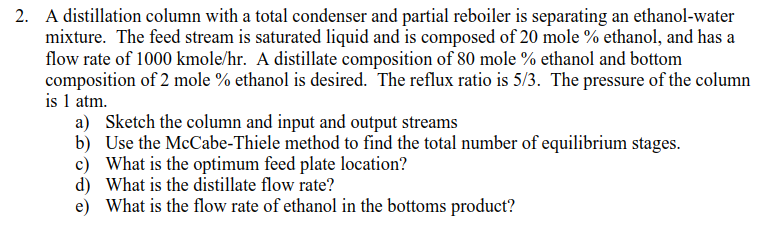 Solved 2. A distillation column with a total condenser and | Chegg.com