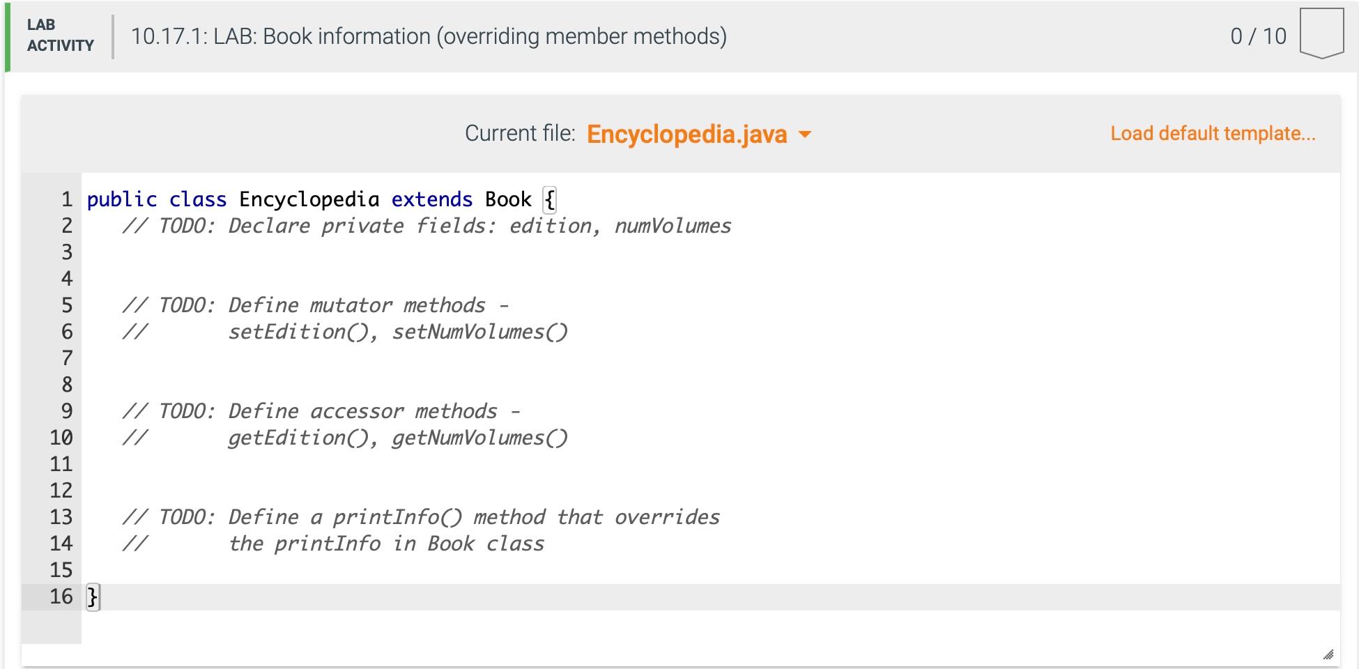 Solved JAVA 10.17 LAB: Book information (overriding member | Chegg.com