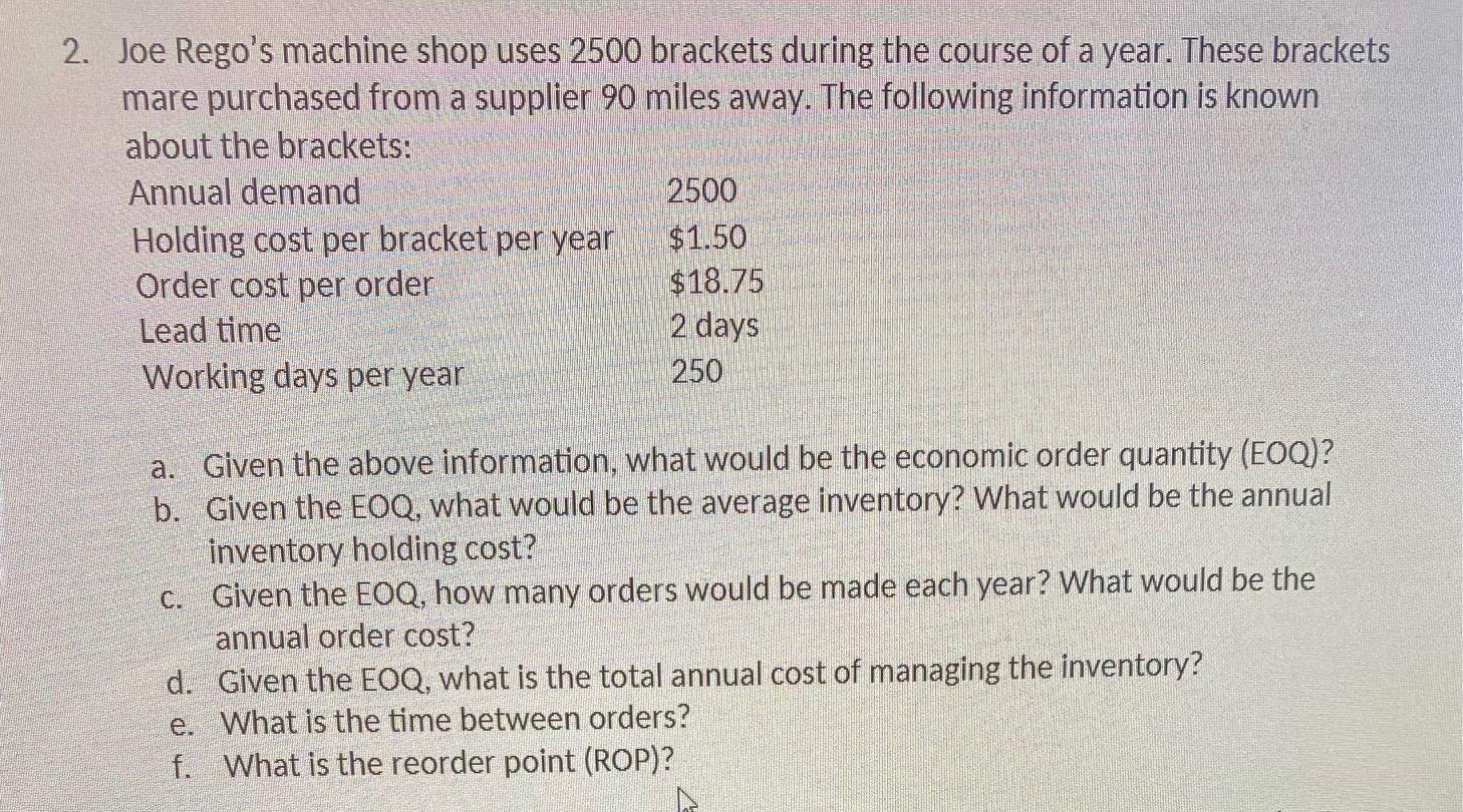 Solved Joe Rego's machine shop uses 2500 brackets during the | Chegg.com