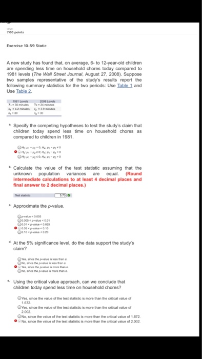 Solved Exercise 10-59 Static A new study has found that, on | Chegg.com