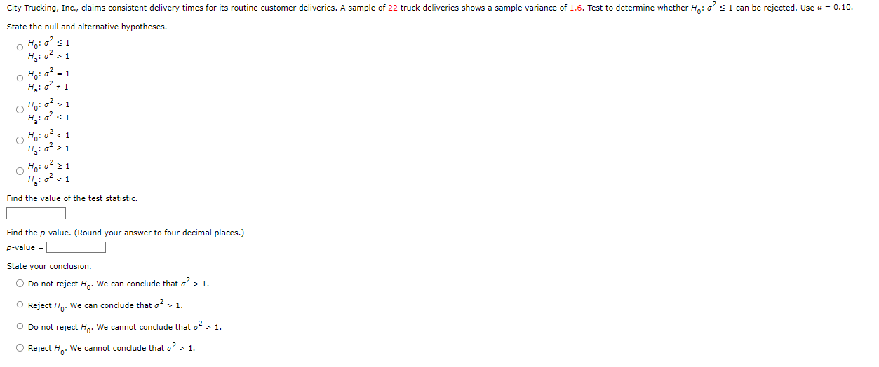 Solved City Trucking, Inc., claims consistent delivery times | Chegg.com