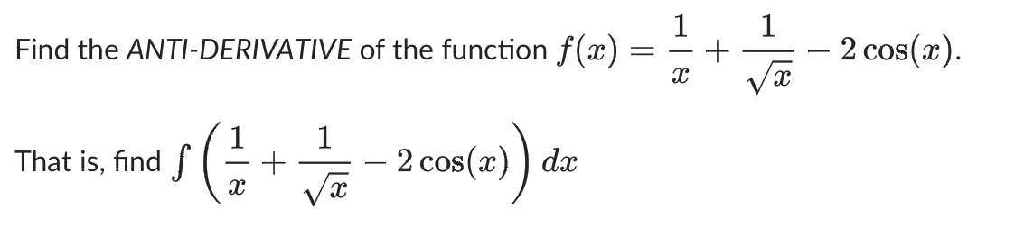 Solved Find the ANTI-DERIVATIVE of the function | Chegg.com