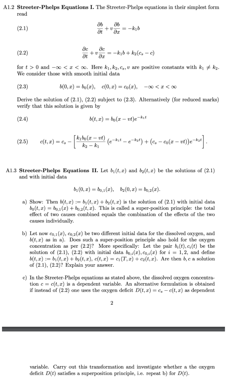 A1.2 Streeter-Phelps Equations I. The Streeter-Phelps | Chegg.com