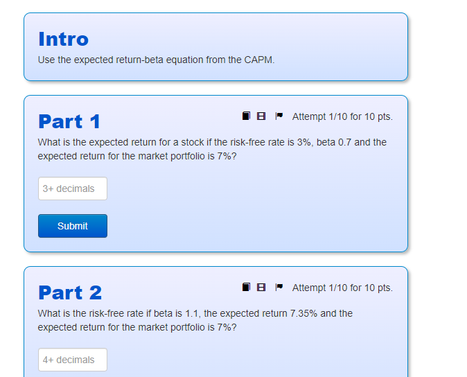 Solved Intro Use the expected return-beta equation from the | Chegg.com