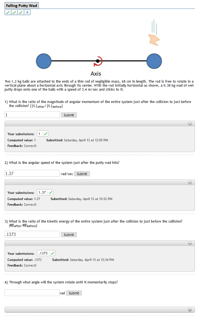 Solved Falling Putty Wad Axis Two 1.2 kg balls are attached | Chegg.com