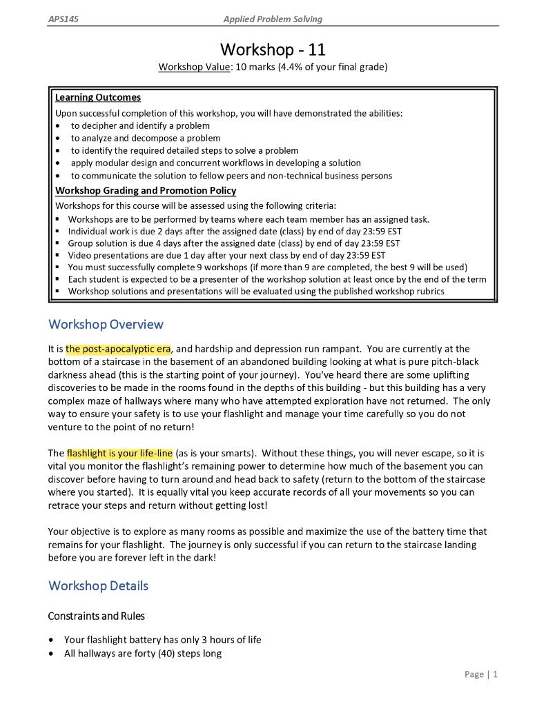 APS145 Applied Problem Solving Workshop - 11 - | Chegg.com