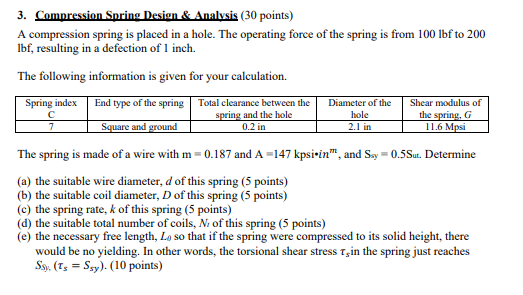Solved bole 7 3. Compression Spring Design & Analysis (30 | Chegg.com