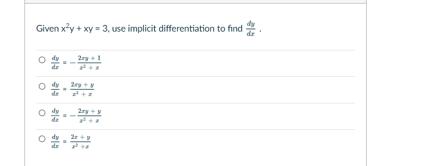 Solved Given x2y+xy=3, use implicit differentiation to find | Chegg.com