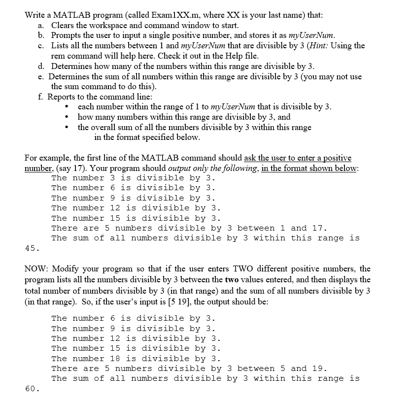 Solved Write a MATLAB program (called Exam1XX.m, where XX is | Chegg.com