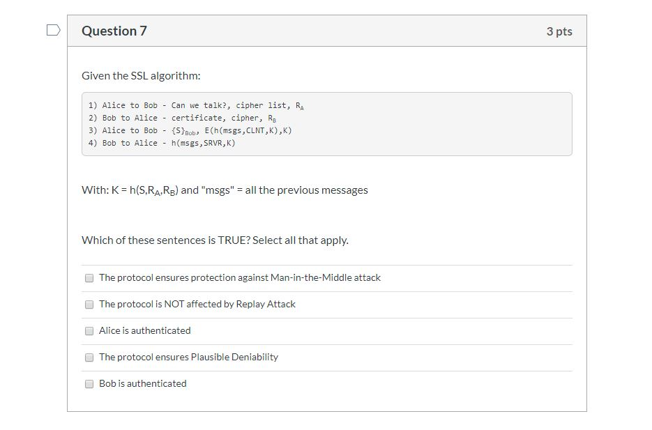 Solved Question 7 3 pts Given the SSL algorithm: 1) Alice to | Chegg.com