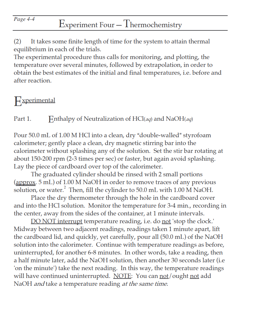 Page 4-1 Experiment Four – Thermochemistry Objectives | Chegg.com