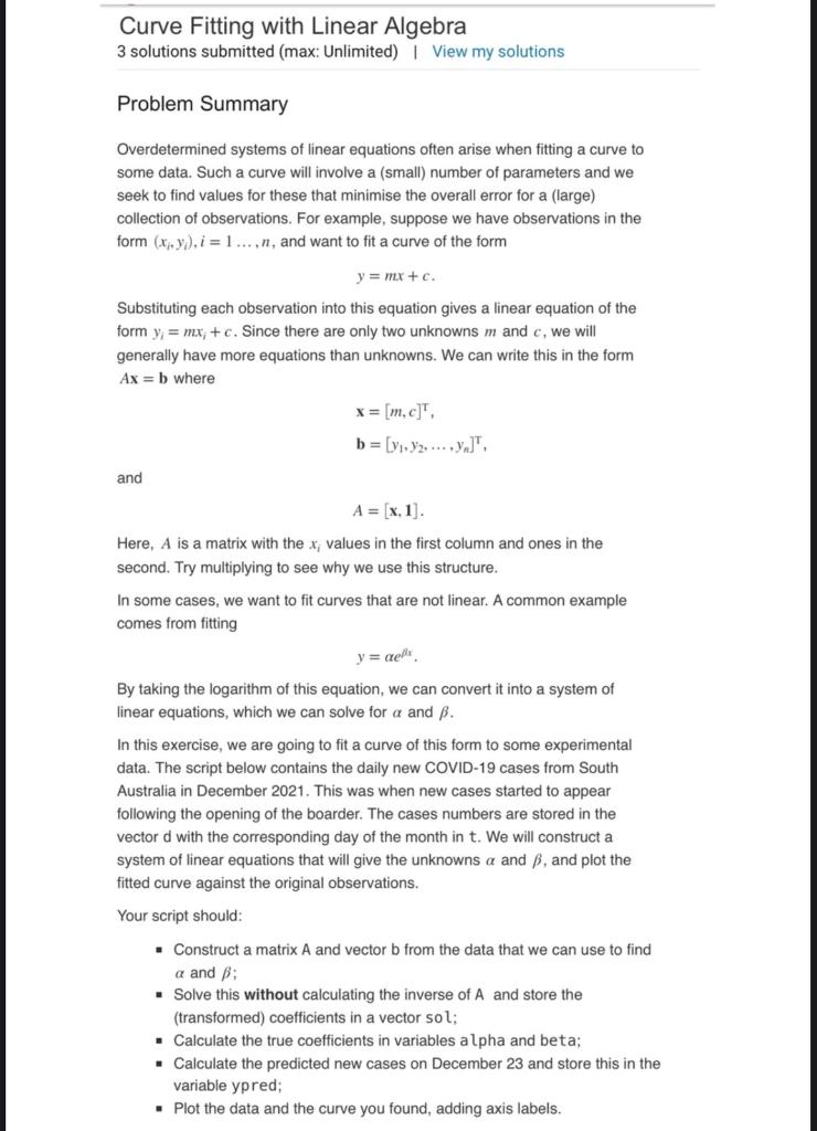 Solved Curve Fitting with Linear Algebra 3 solutions | Chegg.com