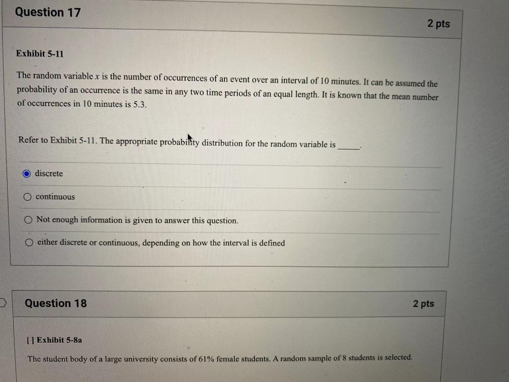 Solved Question 17 2 pts Exhibit 5-11 The random variable x | Chegg.com
