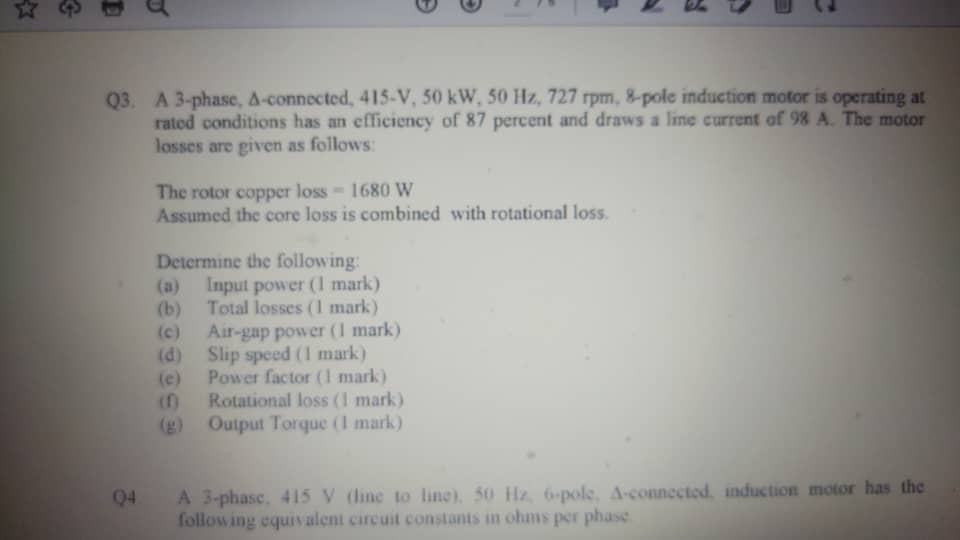 Solved 3. A 3-phase, Δ-connected, 415−V,50 kW,50 | Chegg.com