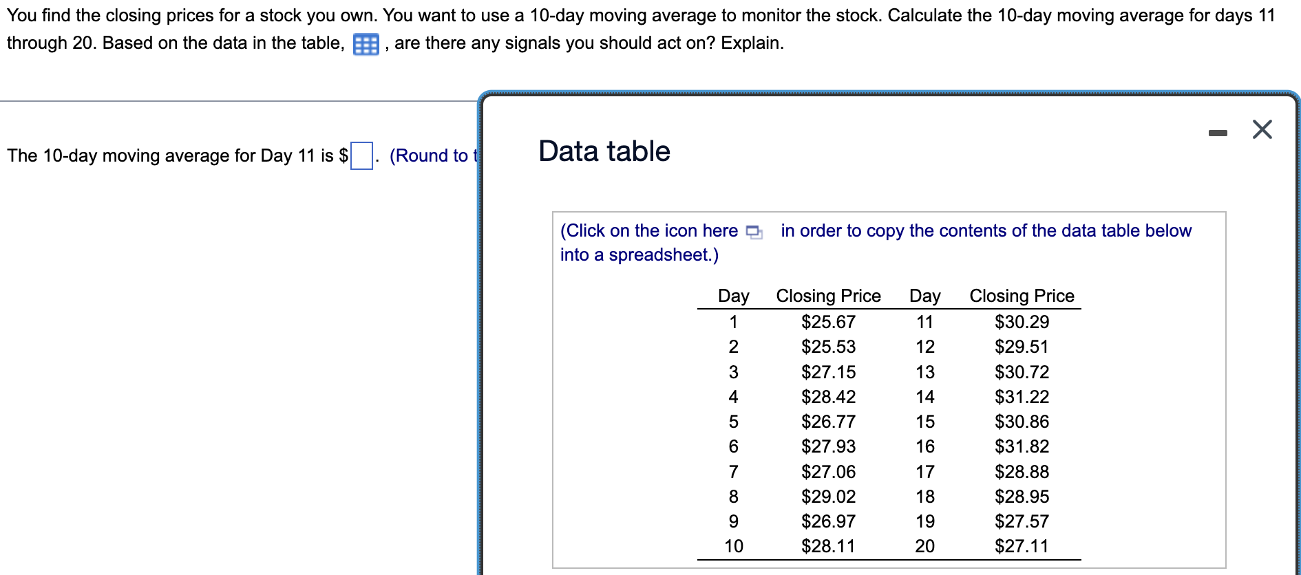 Solved You find the closing prices for a stock you own. You | Chegg.com