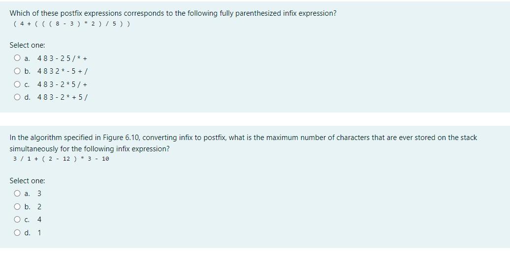 Solved Which of these postfix expressions corresponds to the | Chegg.com