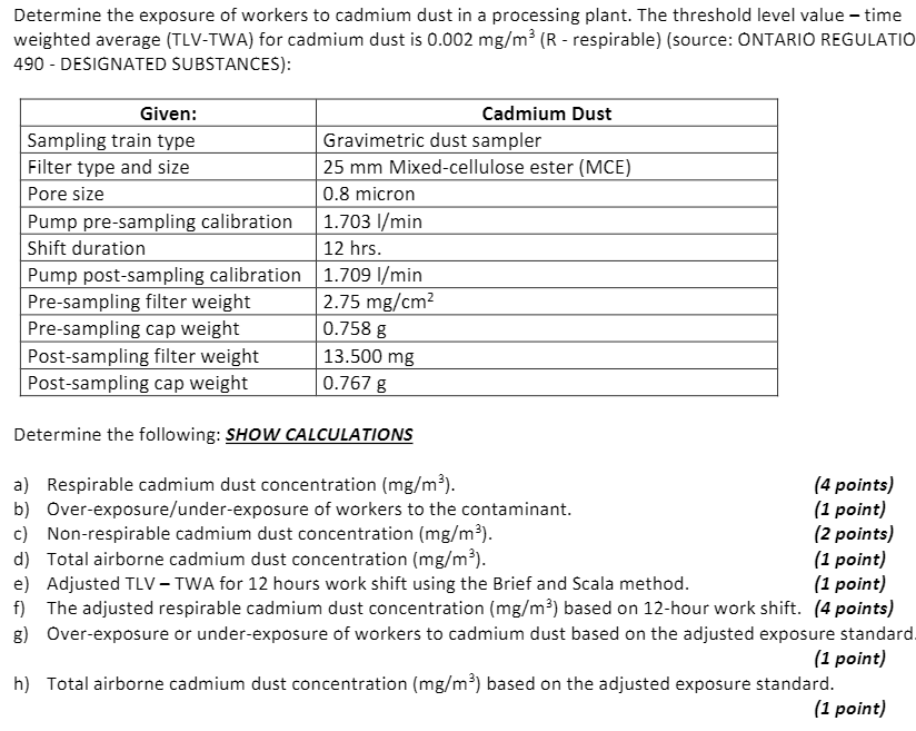 Determine the exposure of workers to cadmium dust in | Chegg.com