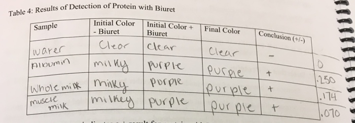 Solved Its of Detection of Protein with Biuret Table 4: | Chegg.com