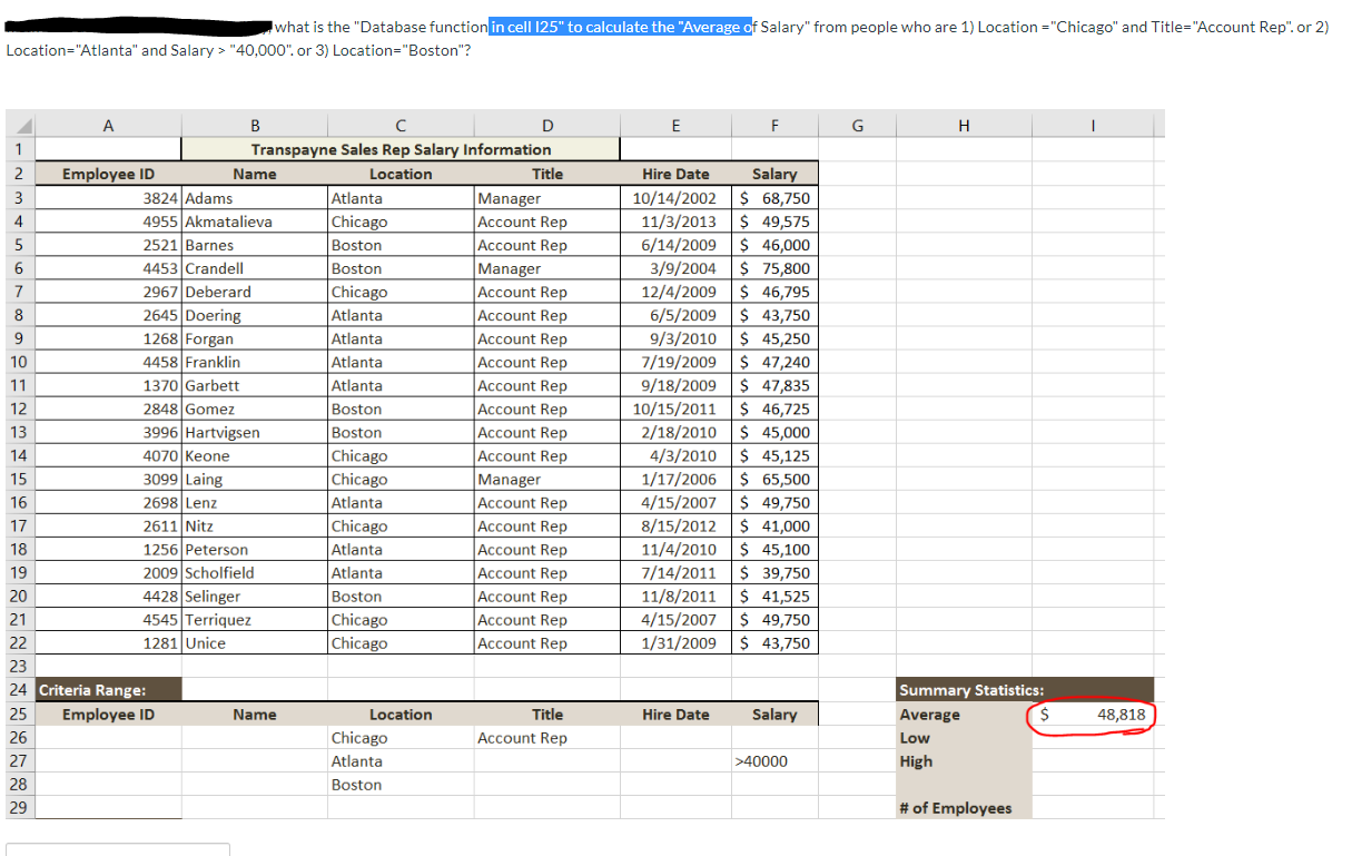 what is the "Database function in cell 125" to | Chegg.com
