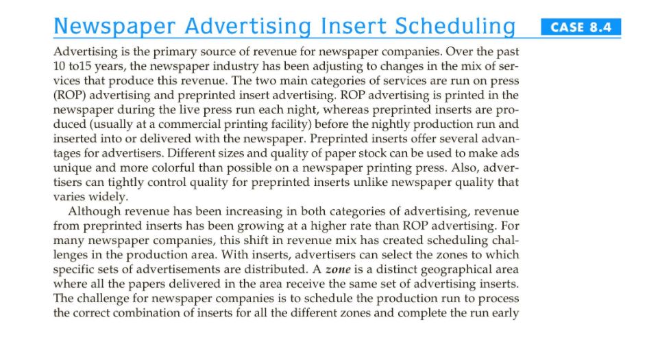 Newspaper Advertising Insert Scheduling CASE 8.4 | Chegg.com