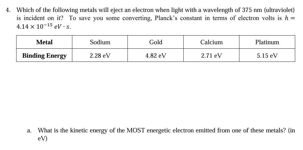 Solved Which of the following metals will eject an electron | Chegg.com