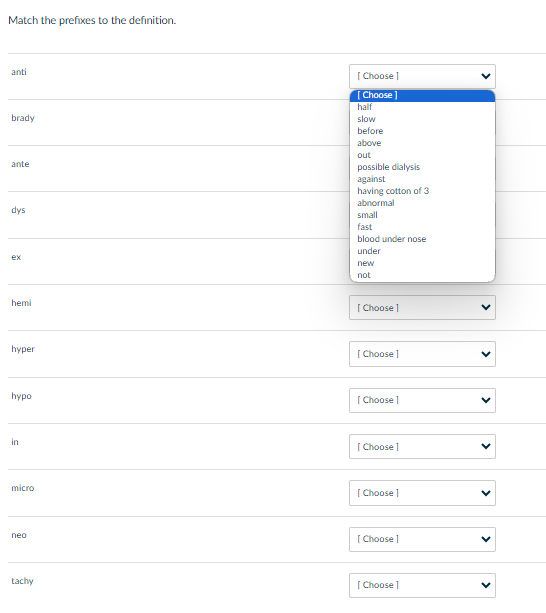Solved Match the prefixes to the definition. anti brady ante | Chegg.com