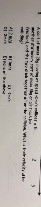 Solved A cart of mass 2kg moving at speed +5m/s collides | Chegg.com